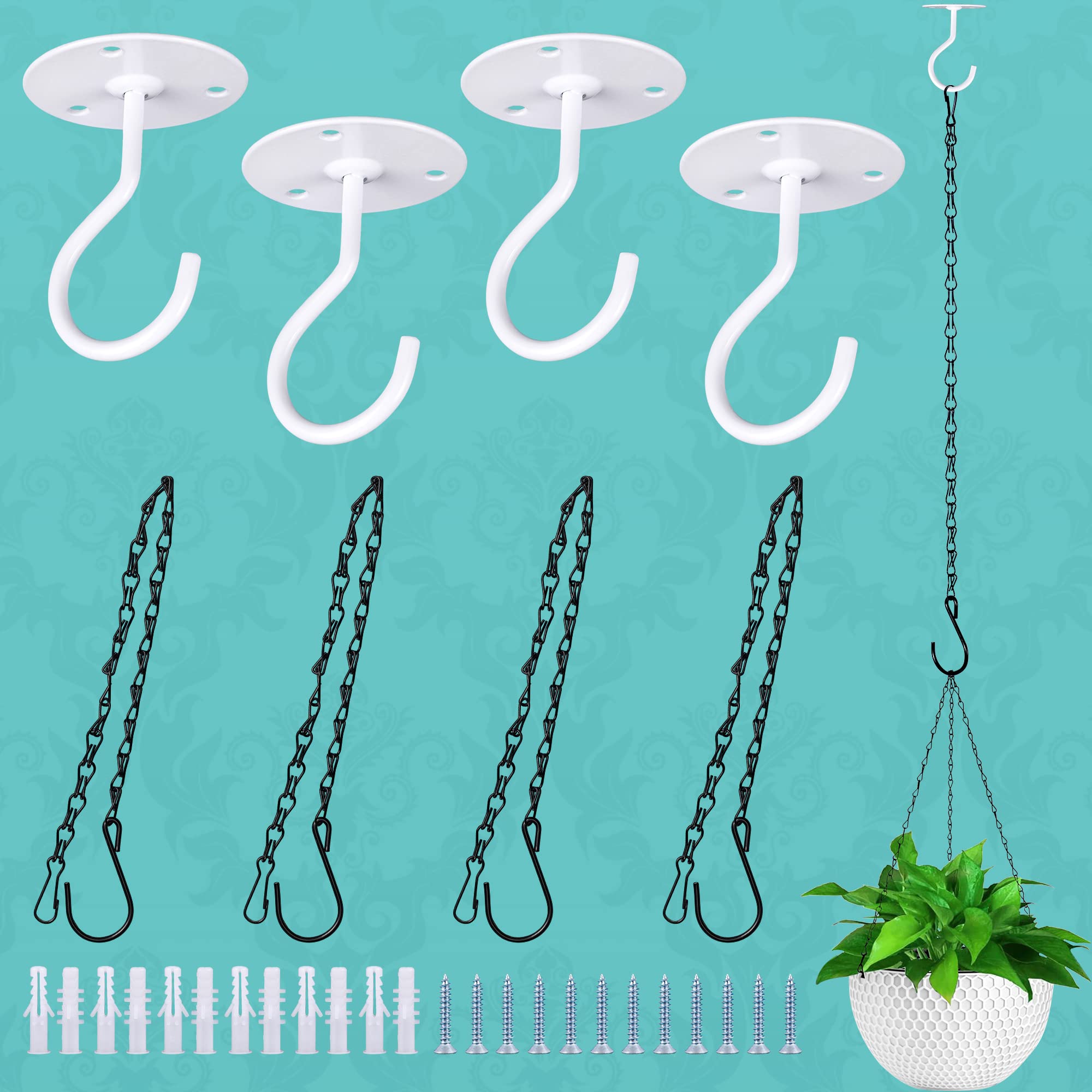 XDW-GIFTS 4-Pack Ceiling Hooks with Hanging Chains for Hanging Birdfeeder, Plants, Lanterns, Wind Chimes, Utensils, Heavy Duty, White Coated Indoor and Outdoor