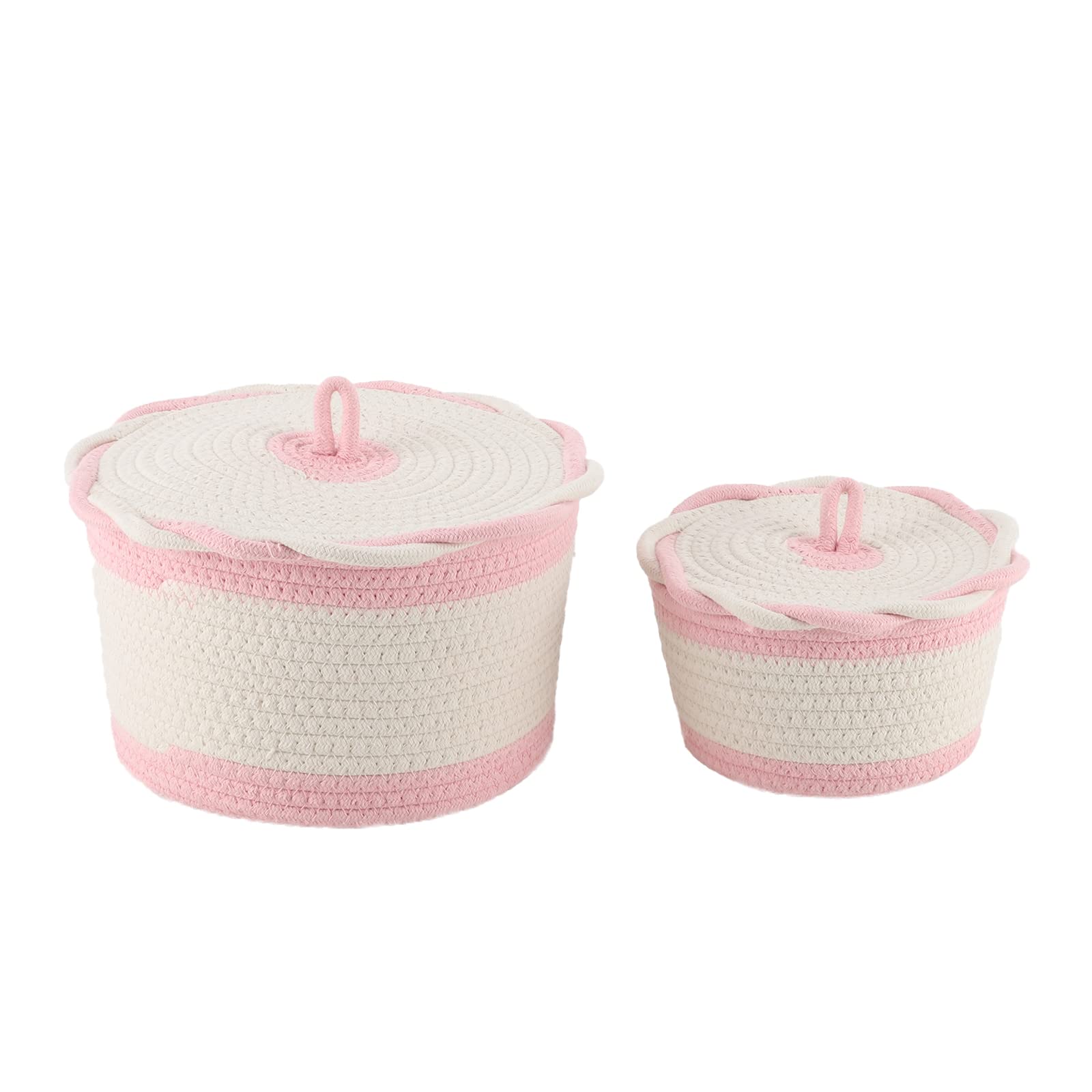 Round Baskets with Lids,Decorative Baskets Set of 2,Cotton Rope Lidded Organizing Basket for Shelves and Coffee Tables (Pink)