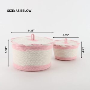 Round Baskets with Lids,Decorative Baskets Set of 2,Cotton Rope Lidded Organizing Basket for Shelves and Coffee Tables (Pink)