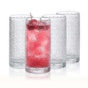 soultimes glass cups vintage glassware set of 4, drinking glasses 12.5oz, embossed pattern style transparent cocktail glasses set, for ice coffee,juice,beer,bar beverages,drinkware, transparent (l)