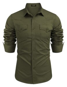 coofandy men's western snap shirts loose fit casual long sleeve embroidered cowboy shirts army green