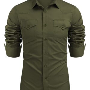 COOFANDY Men's Western Snap Shirts Loose Fit Casual Long Sleeve Embroidered Cowboy Shirts Army Green