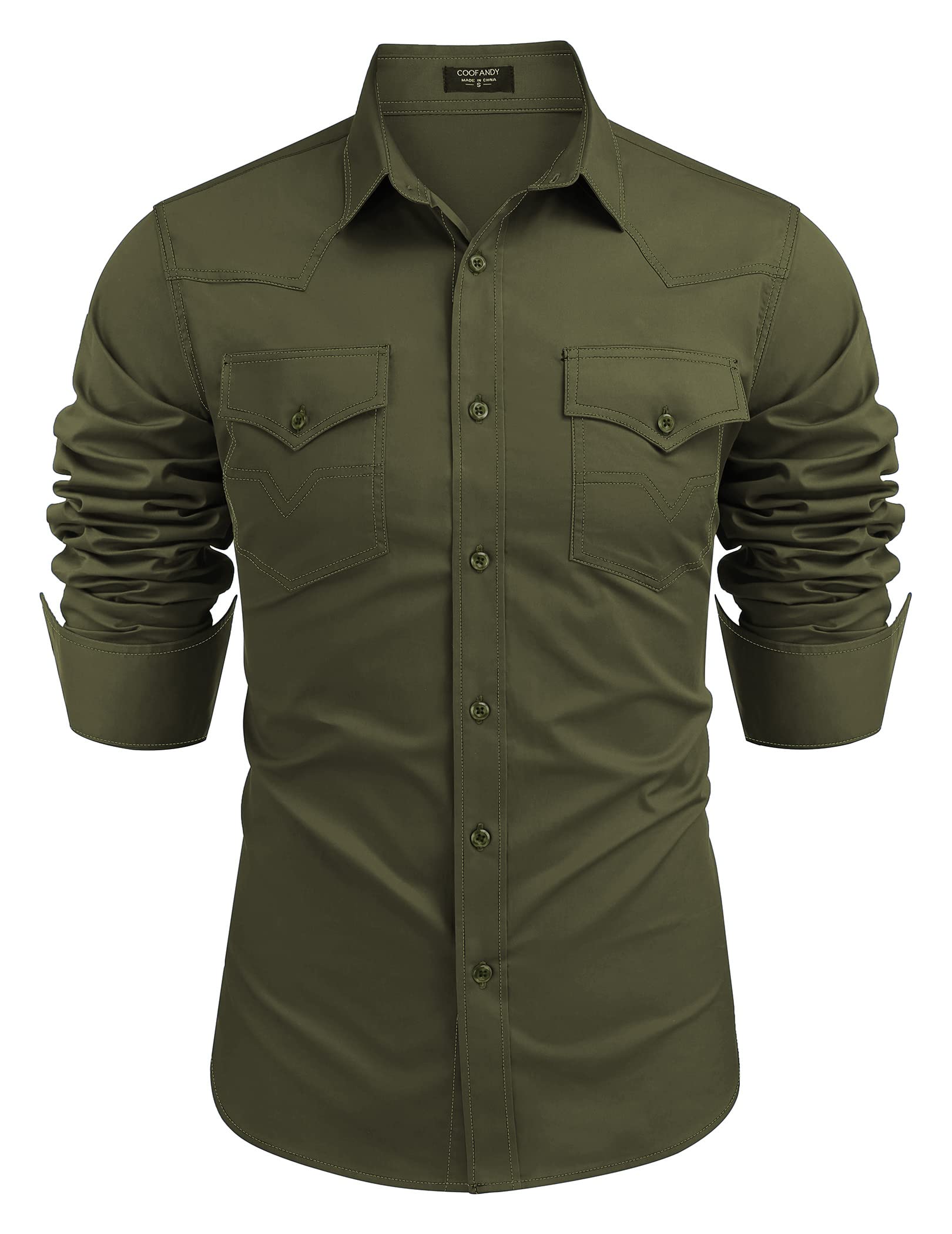 COOFANDY Men's Western Snap Shirts Loose Fit Casual Long Sleeve Embroidered Cowboy Shirts Army Green