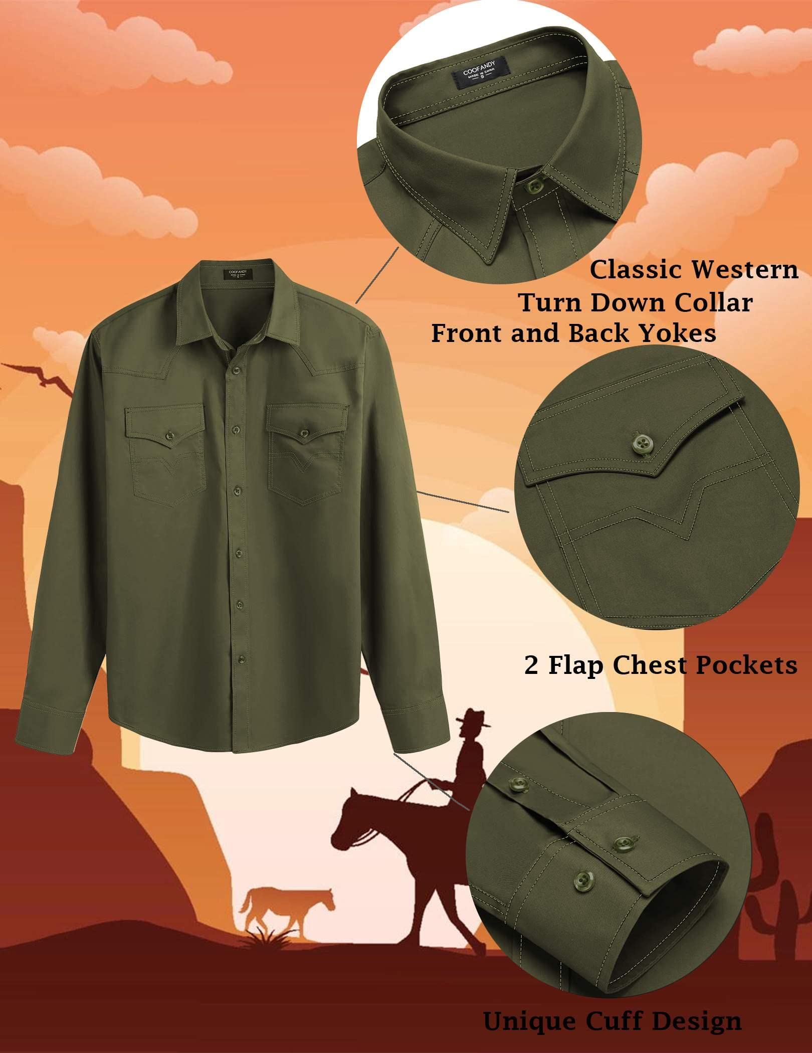 COOFANDY Men's Western Snap Shirts Loose Fit Casual Long Sleeve Embroidered Cowboy Shirts Army Green