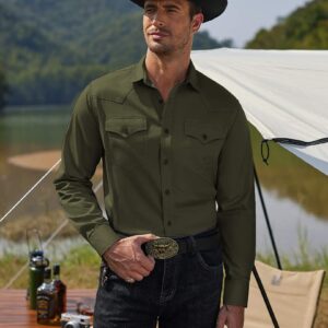 COOFANDY Men's Western Snap Shirts Loose Fit Casual Long Sleeve Embroidered Cowboy Shirts Army Green