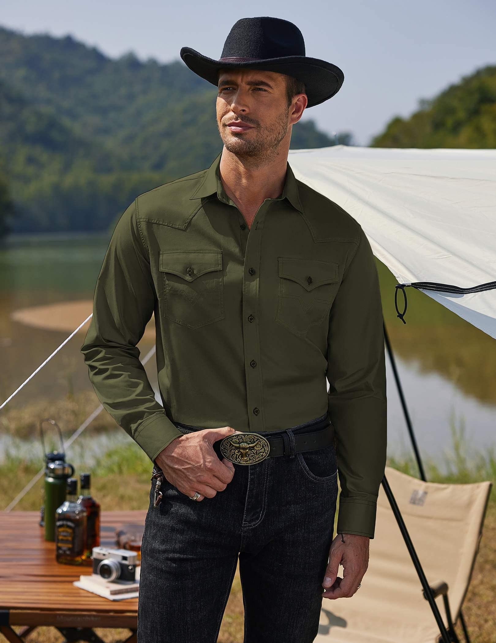 COOFANDY Men's Western Snap Shirts Loose Fit Casual Long Sleeve Embroidered Cowboy Shirts Army Green