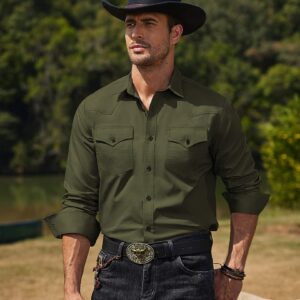 COOFANDY Men's Western Snap Shirts Loose Fit Casual Long Sleeve Embroidered Cowboy Shirts Army Green