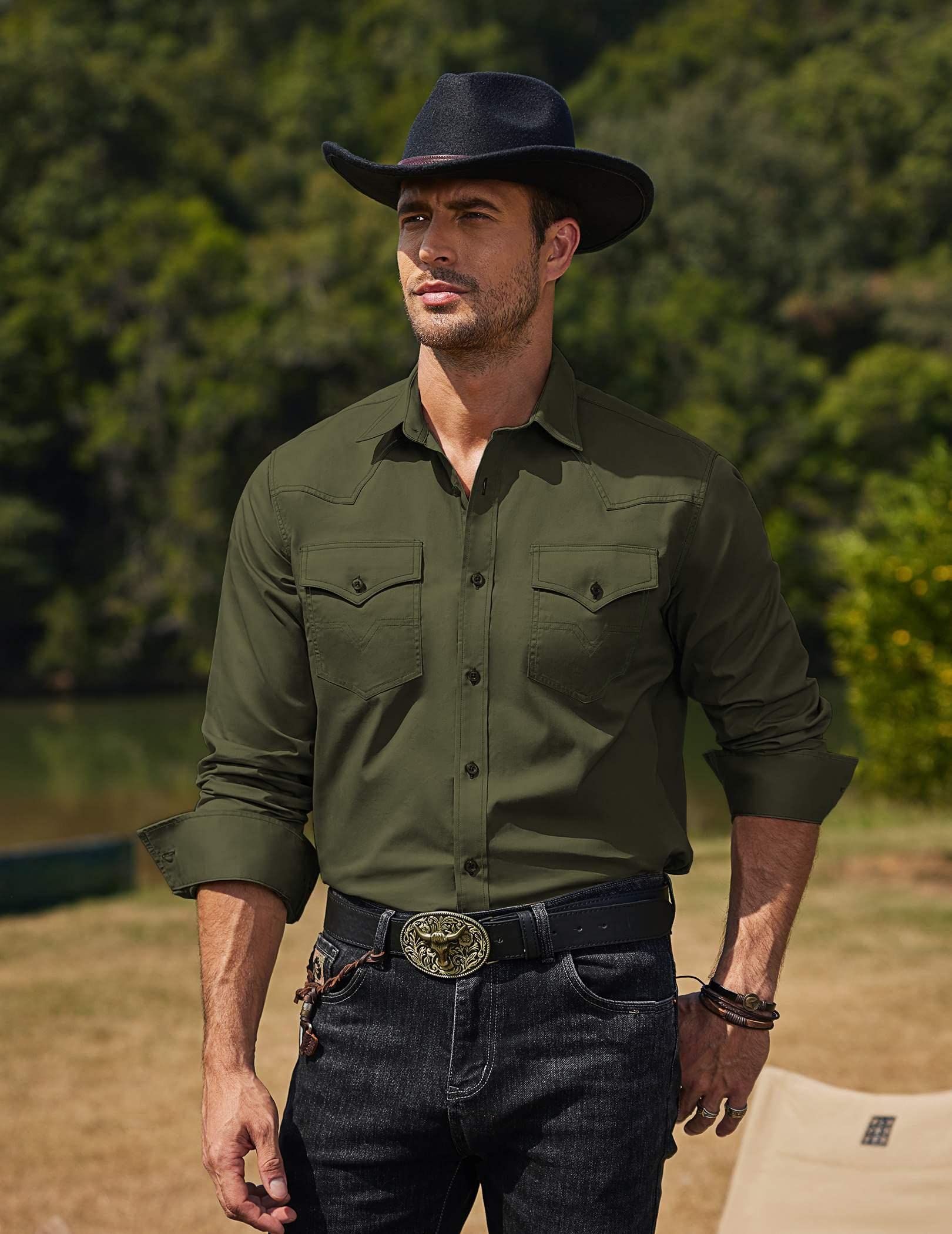 COOFANDY Men's Western Snap Shirts Loose Fit Casual Long Sleeve Embroidered Cowboy Shirts Army Green