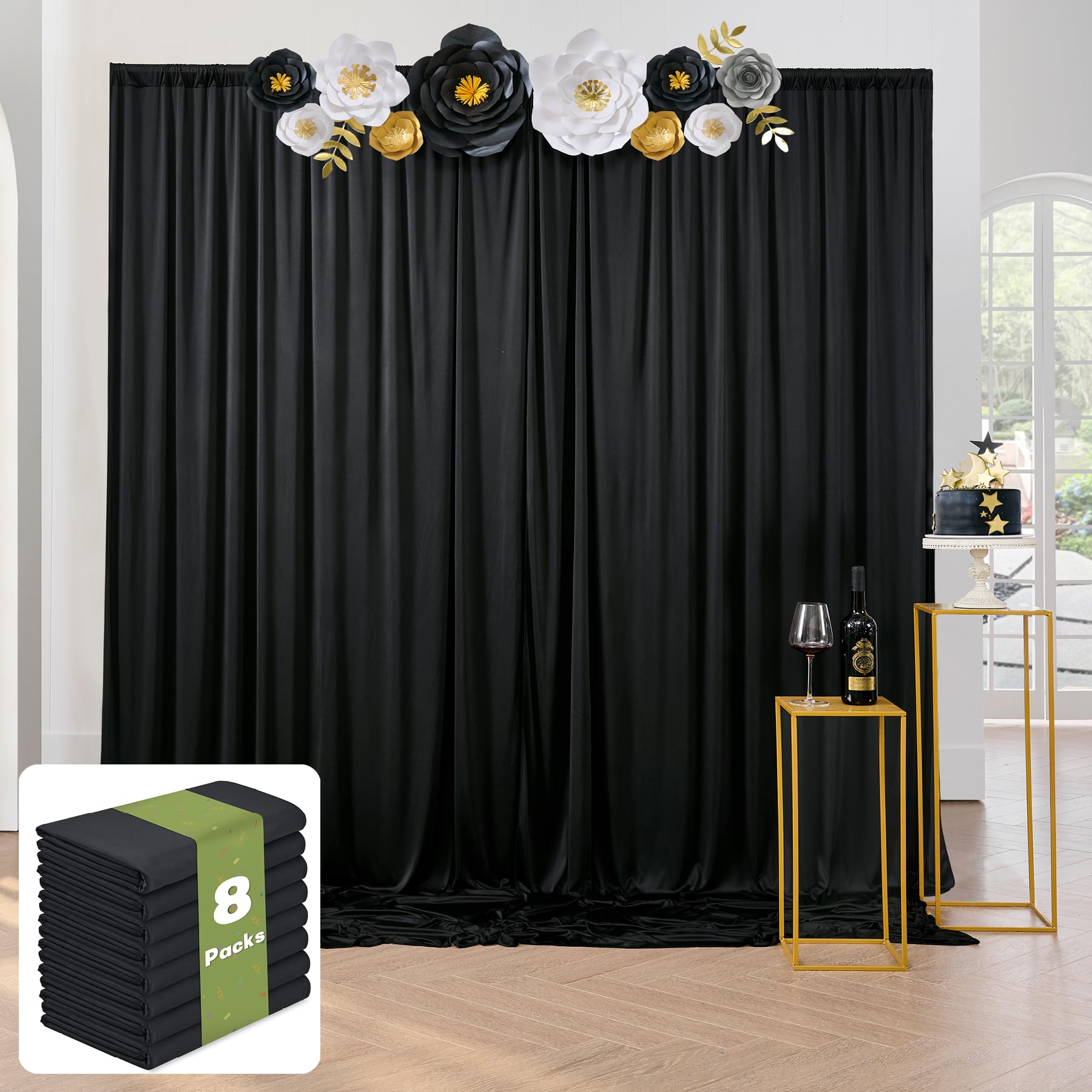 10 ft x 40 ft Wrinkle Free Black Backdrop Curtain Panels, Polyester Photography Backdrop Drapes, Wedding Party Home Decoration Supplies