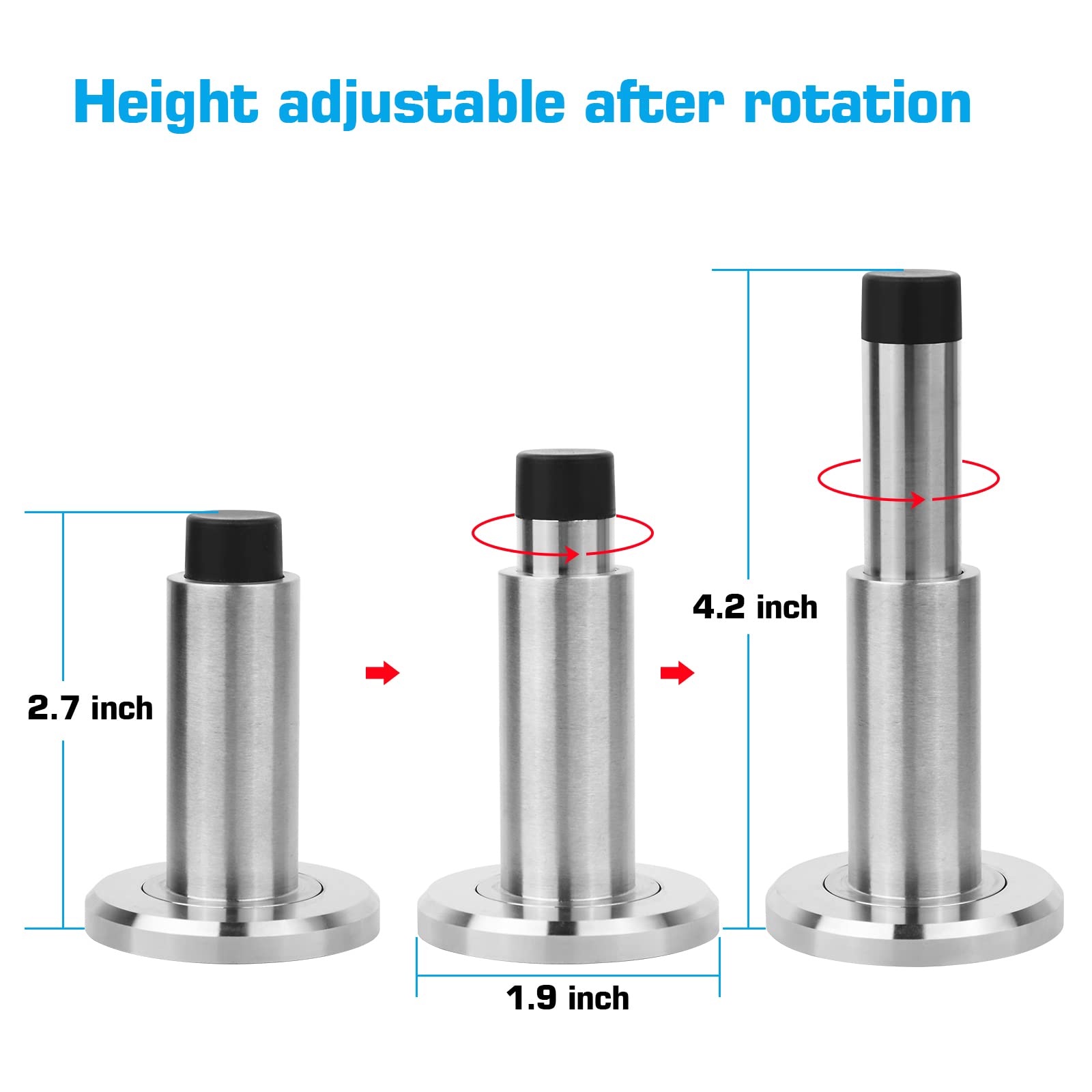 Hommyzone Adjustable Height Door Stopper,304 Stainless Steel Door Stop with Rubber Buffer, Wall Mounted Door Holder, Heavy Duty Doorstops Hardware for Home Office (Silver)