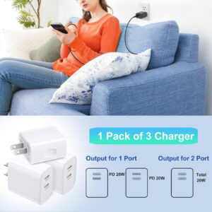 20W USB C Wall Charger Block, Costyle 3 Pack Dual Port USB C Charging Block Brick, Double C Type Charger Block for iPhone 15 Pro 15 Plus 11 12 13 14 15 Pro Max XS XR iPad Airpods Pro(White)