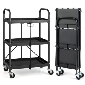 ironmax folding tool cart on wheels, heavy duty 3 tier foldable utility cart w/ 4 universal wheel & compartments, lightweight collapsible service cart for garage, home, office