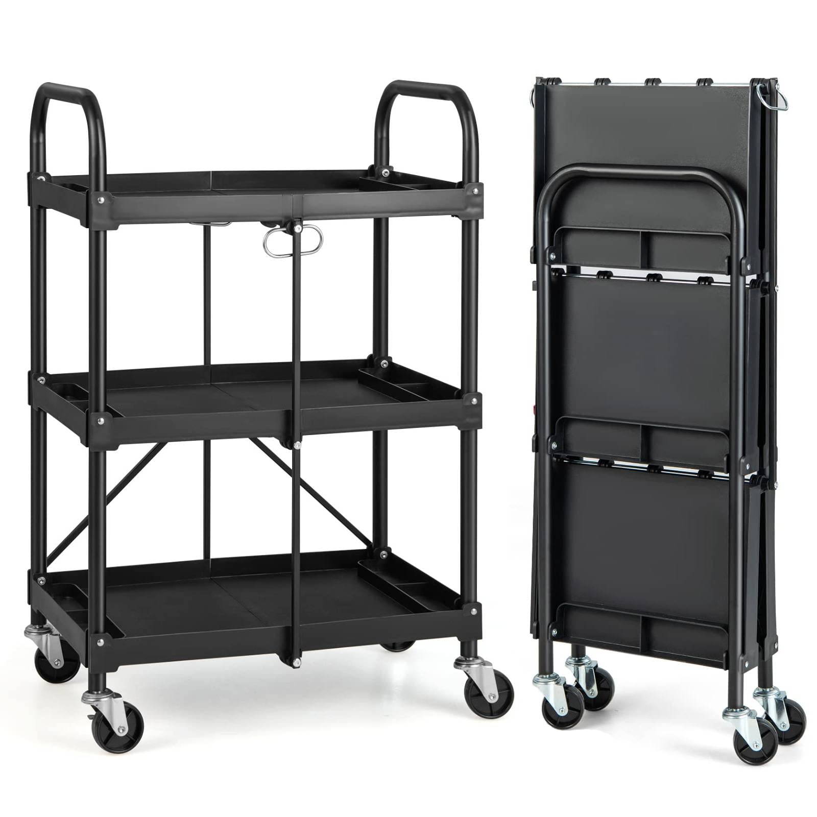 IRONMAX Folding Tool Cart on Wheels, Heavy Duty 3 Tier Foldable Utility Cart w/ 4 Universal Wheel & Compartments, Lightweight Collapsible Service Cart for Garage, Home, Office