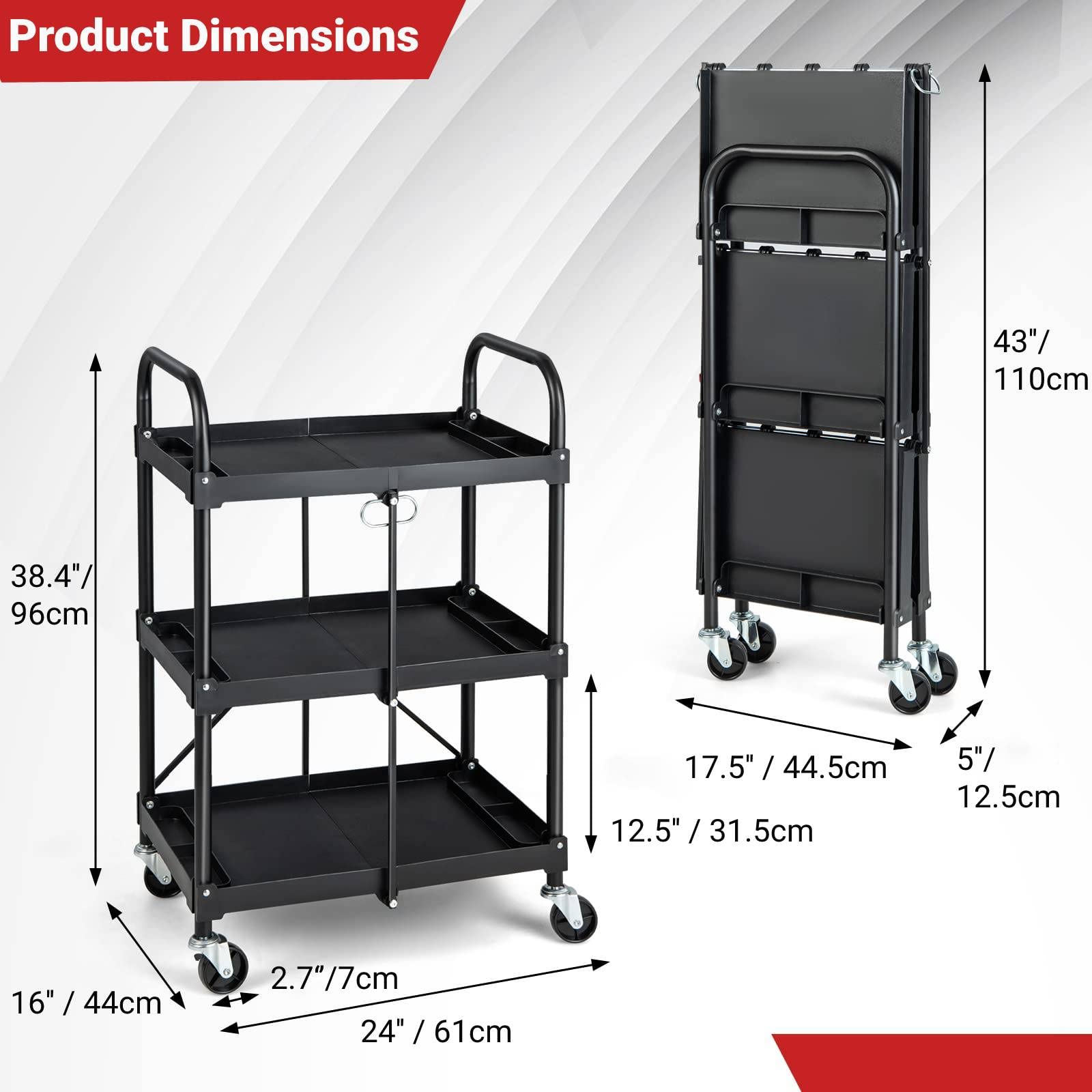 IRONMAX Folding Tool Cart on Wheels, Heavy Duty 3 Tier Foldable Utility Cart w/ 4 Universal Wheel & Compartments, Lightweight Collapsible Service Cart for Garage, Home, Office