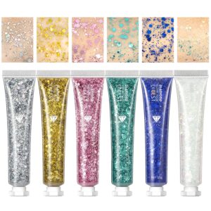 6 colors face body glitter gel set, shimmer chunky glitters cream for eyes hair nails makeup, long lasting sparkling mermaid holographic sequins paste for festival art party halloween makeup gift kit