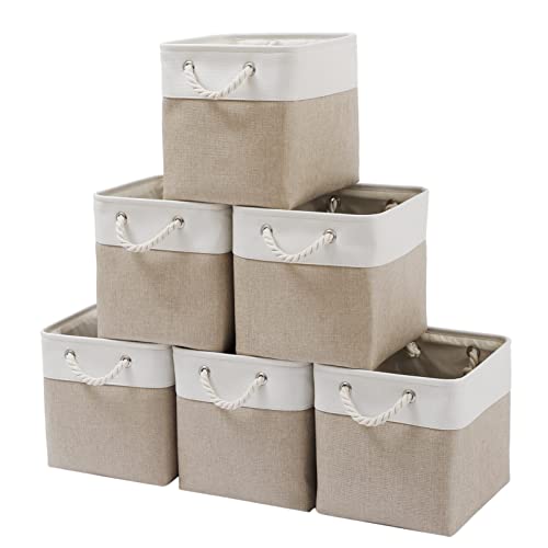 MidmmVick 11 x 11 Inch Cube Storage Bins, 6 Pack Large Collapsible Fabric Storage Bin with Ropes, Foldable Storage Cubes for Home, Office,Closet, Clothes, Toys Organizer (White & Beige-11"x11"x11")