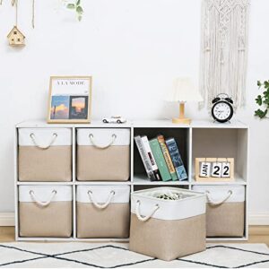 MidmmVick 11 x 11 Inch Cube Storage Bins, 6 Pack Large Collapsible Fabric Storage Bin with Ropes, Foldable Storage Cubes for Home, Office,Closet, Clothes, Toys Organizer (White & Beige-11"x11"x11")