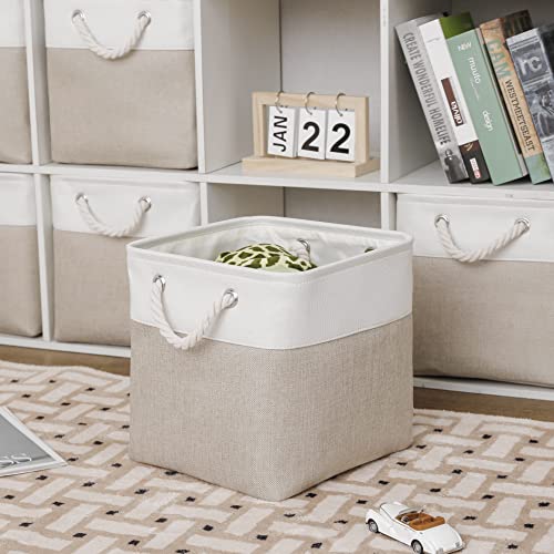 MidmmVick 11 x 11 Inch Cube Storage Bins, 6 Pack Large Collapsible Fabric Storage Bin with Ropes, Foldable Storage Cubes for Home, Office,Closet, Clothes, Toys Organizer (White & Beige-11"x11"x11")