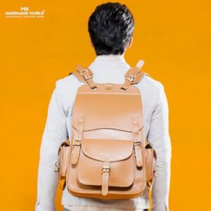 Handmade World Vintage Full Grain 20 Inch Leather Laptop Backpack Casual Bookbag Daypack Camping Travel Rucksack Knapsack (Camel Brown)