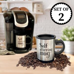 Evelots Self Stirring Coffee Mug Cup Set of 2 -Hold Button to Stir- New & Improved,Tea, Juice, hot chocolate Hand Powered Travel Mug 12 ounces-Stainless Steel