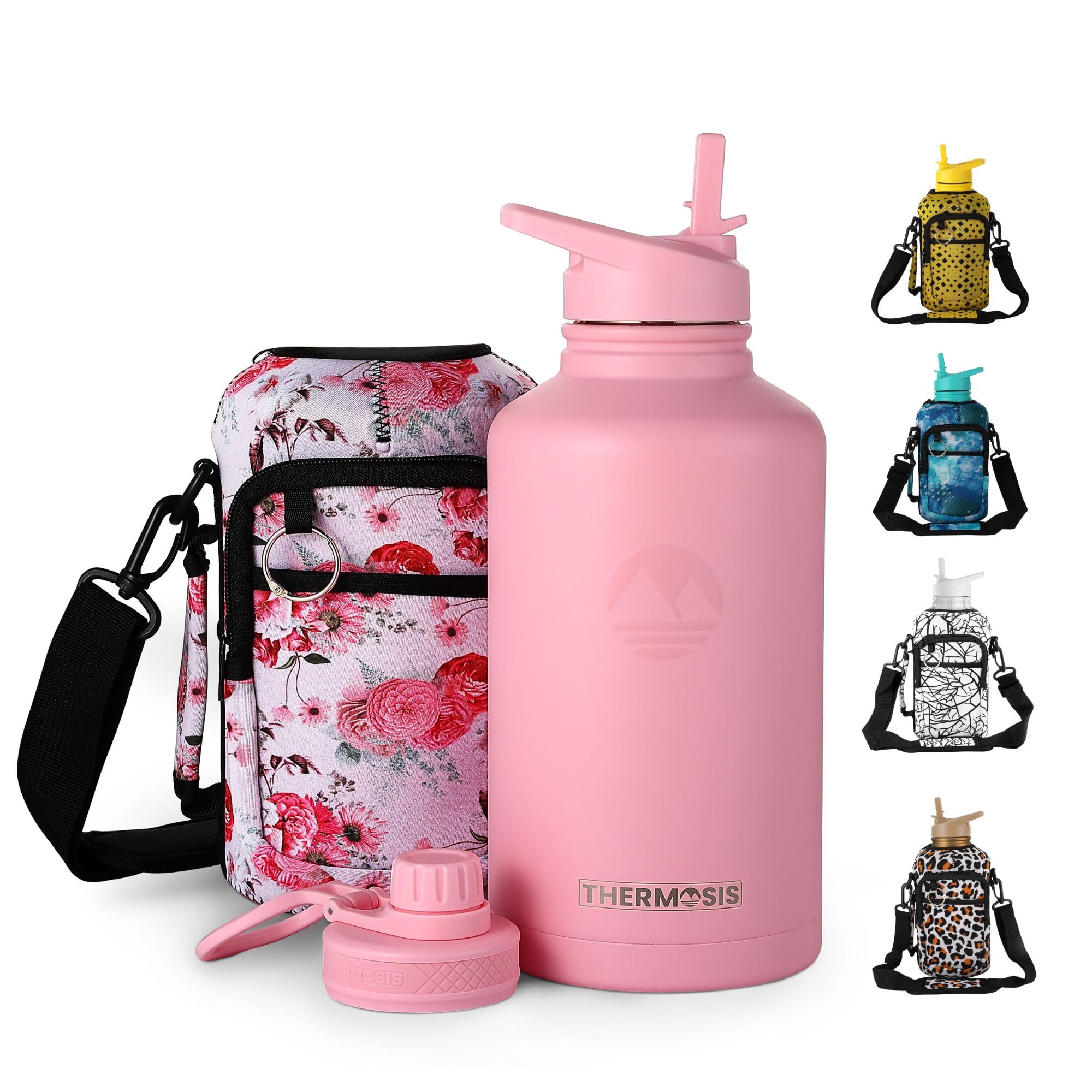 Themosis 2 Lids 64 Oz Water Bottle With Straw | Stainless Steel Insulated Half Gallon Water Bottle | Include Sports Water Bottle Holder With Strap (1/2 Gallon Water Jug) - Pink