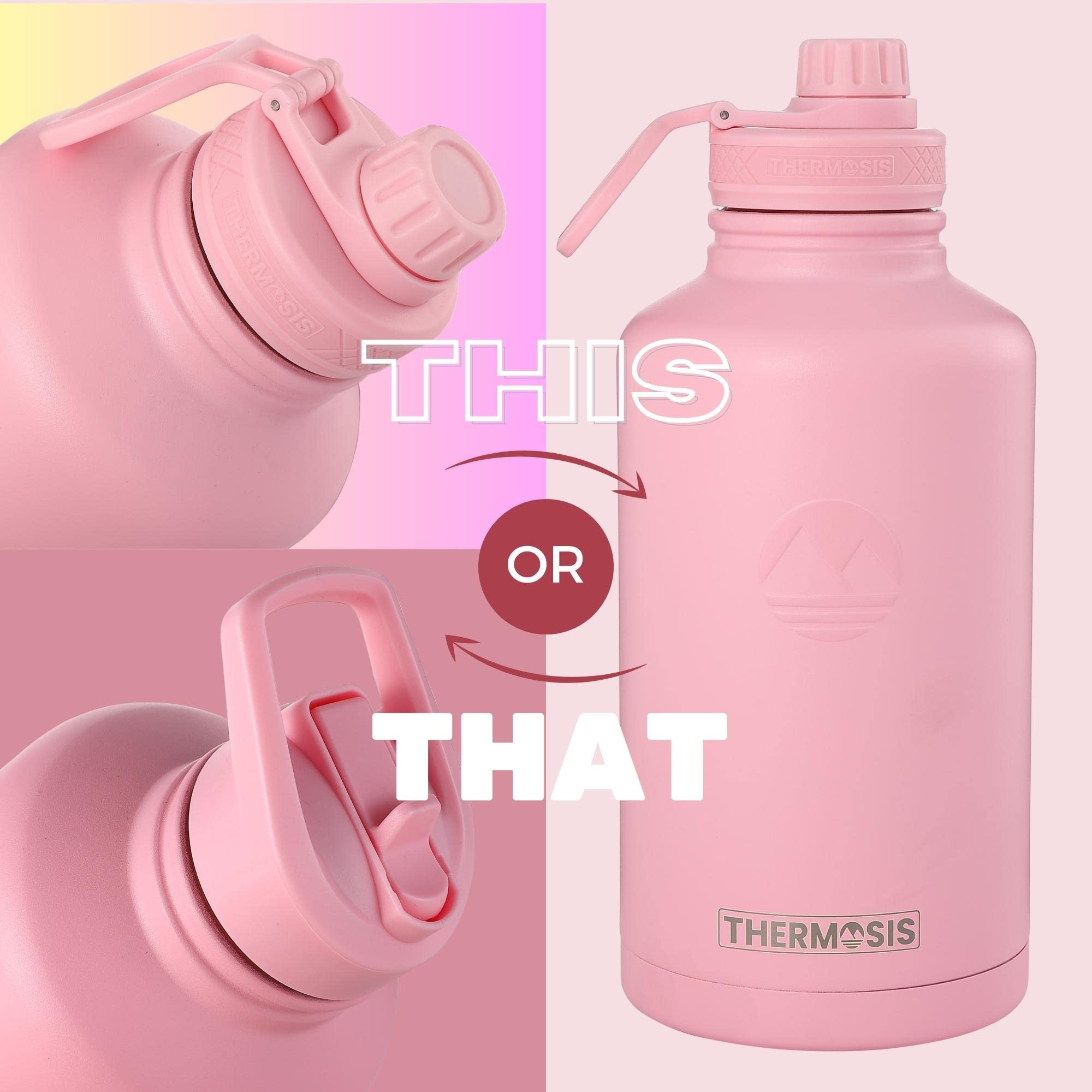 Themosis 2 Lids 64 Oz Water Bottle With Straw | Stainless Steel Insulated Half Gallon Water Bottle | Include Sports Water Bottle Holder With Strap (1/2 Gallon Water Jug) - Pink