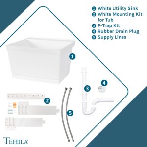 JS Jackson Supplies Tehila White Wall-Mounted Utility Sink Tub Kit, Wall-Mounted Utility Tub with Wall Bracket, Floating Utility Sink for Laundry Room, Garage, Workshop, and More