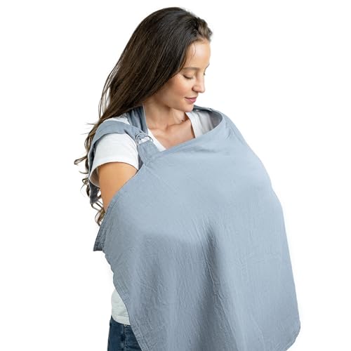 Muslin Nursing Cover for Baby Breastfeeding, Soft & Breathable Cotton Breastfeeding Cover for Mom with Rigid Hoop for Mother Nursing Apron by Comfy Cubs (Pacific Blue)