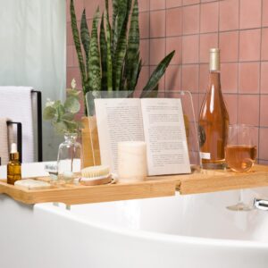 Luxe Lily Bathtub Caddy Tray | Holds Book Open with Removable Water Shield | Bath Tub Tray Table | Extendable Bathtub Trays for Tub | Bath Tray for Bathtub with Wine Holder | Tub Tray for Bathtub