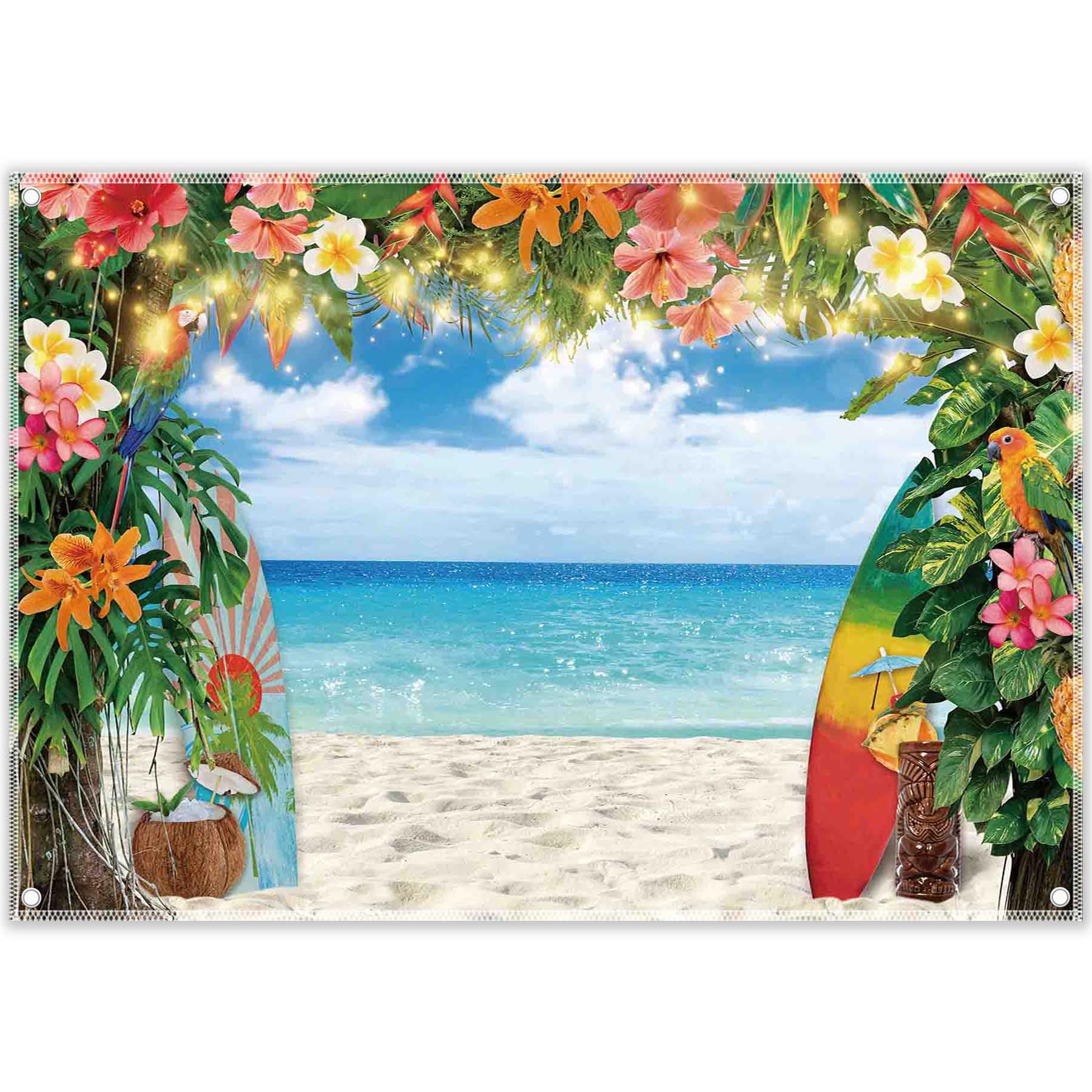 YCUCUEI 8x6ft Fabric Summer Hawaiian Beach Photography Backdrop Tropical Flower Palm Leaves Surfboard Background Aloha Luau Decorations Photo Banner