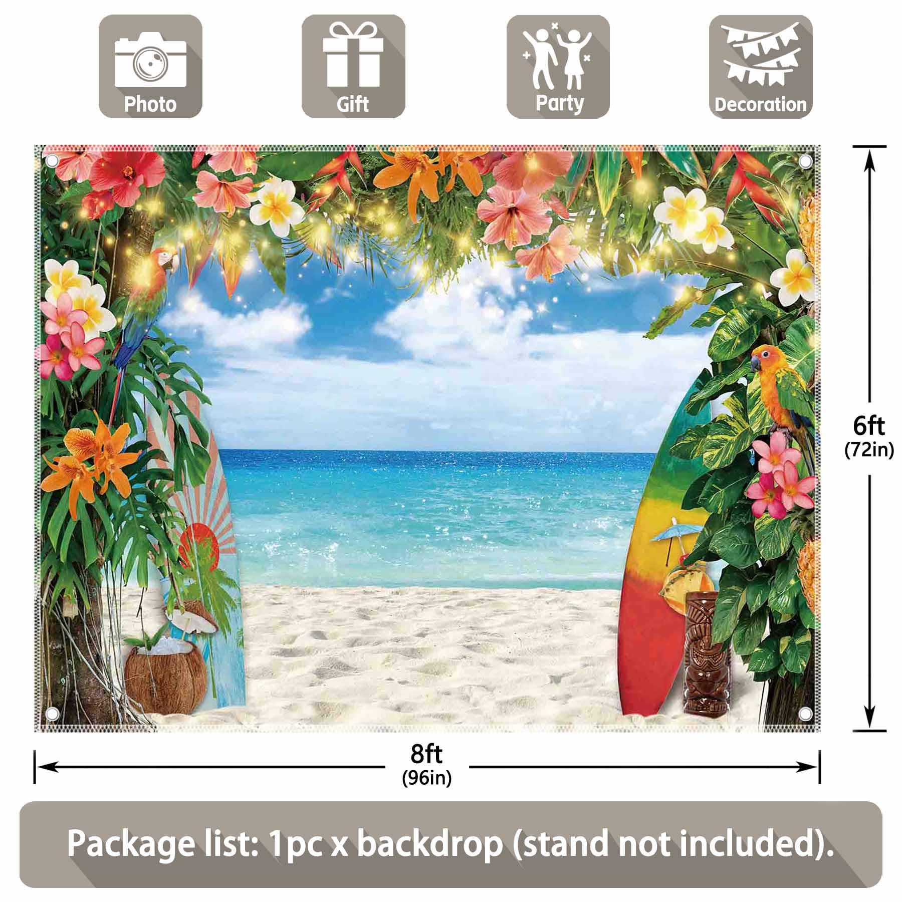 YCUCUEI 8x6ft Fabric Summer Hawaiian Beach Photography Backdrop Tropical Flower Palm Leaves Surfboard Background Aloha Luau Decorations Photo Banner