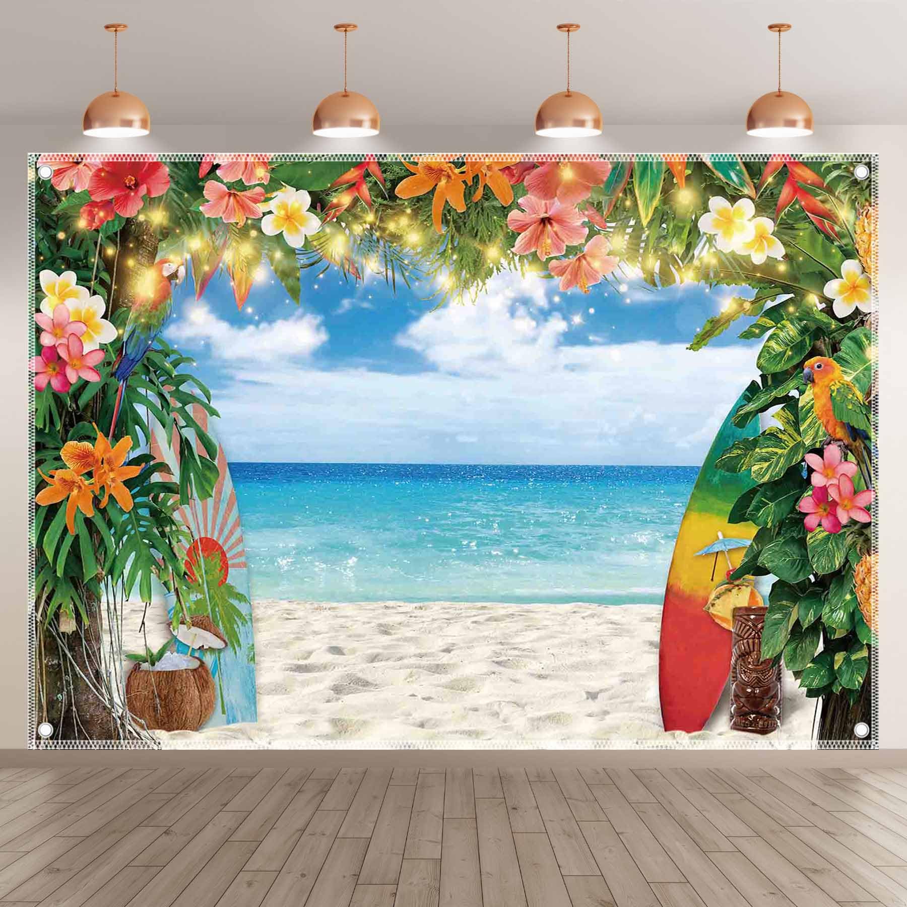 YCUCUEI 8x6ft Fabric Summer Hawaiian Beach Photography Backdrop Tropical Flower Palm Leaves Surfboard Background Aloha Luau Decorations Photo Banner