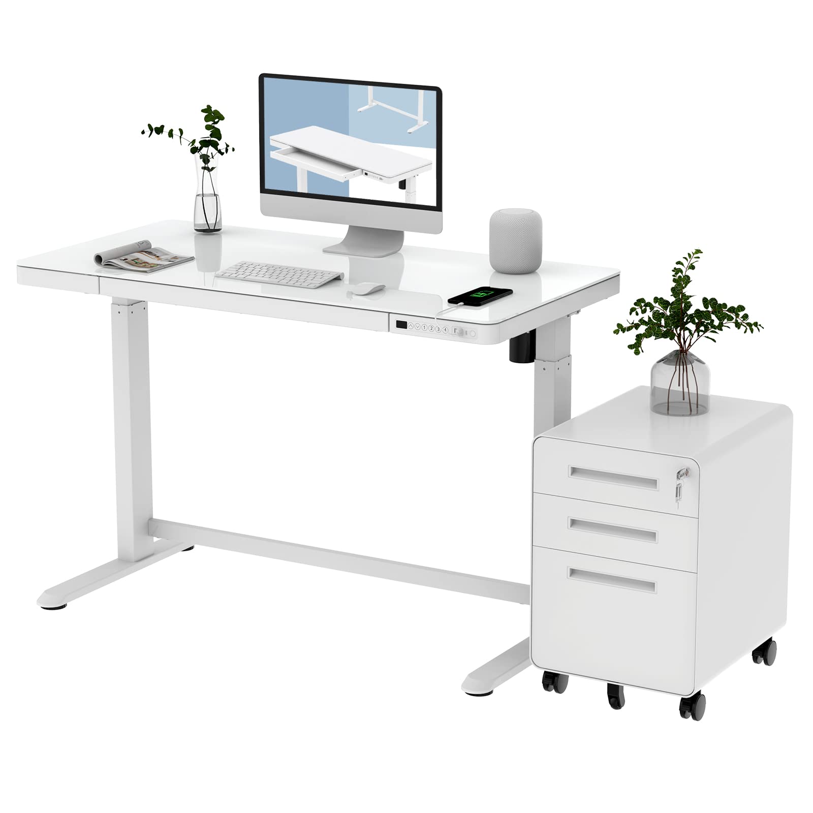 FLEXISPOT EG8 Glass Electric Standing Desk with White Cabinet 48" Adjustable Stand Up Desk Quick Install Home Office Table with Storage Drawer Charging USB Port (Tempered Glass + White Frame)