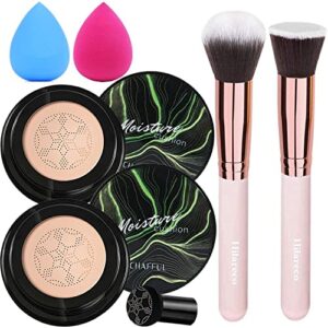 2 pcs mushroom head air cushion cc cream nature foundation,foundation brush powder brush,moisturizing concealer, bright makeup base long lasting (#02 natural+#03 warm nude)