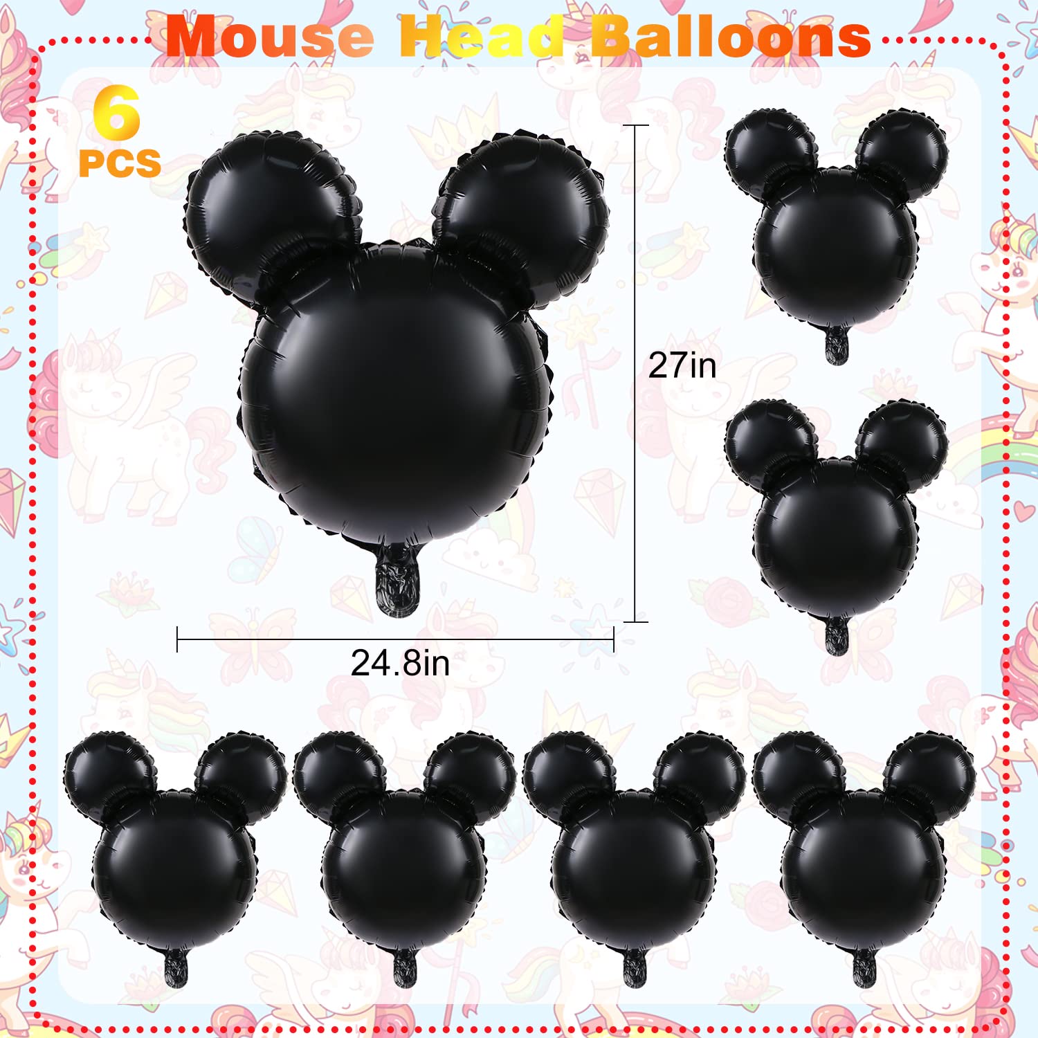 LIYDE 6 Pcs Mouse Head Balloon, 24'' Black Aluminum Foil Balloon for Birthday, Baby Shower Decorations