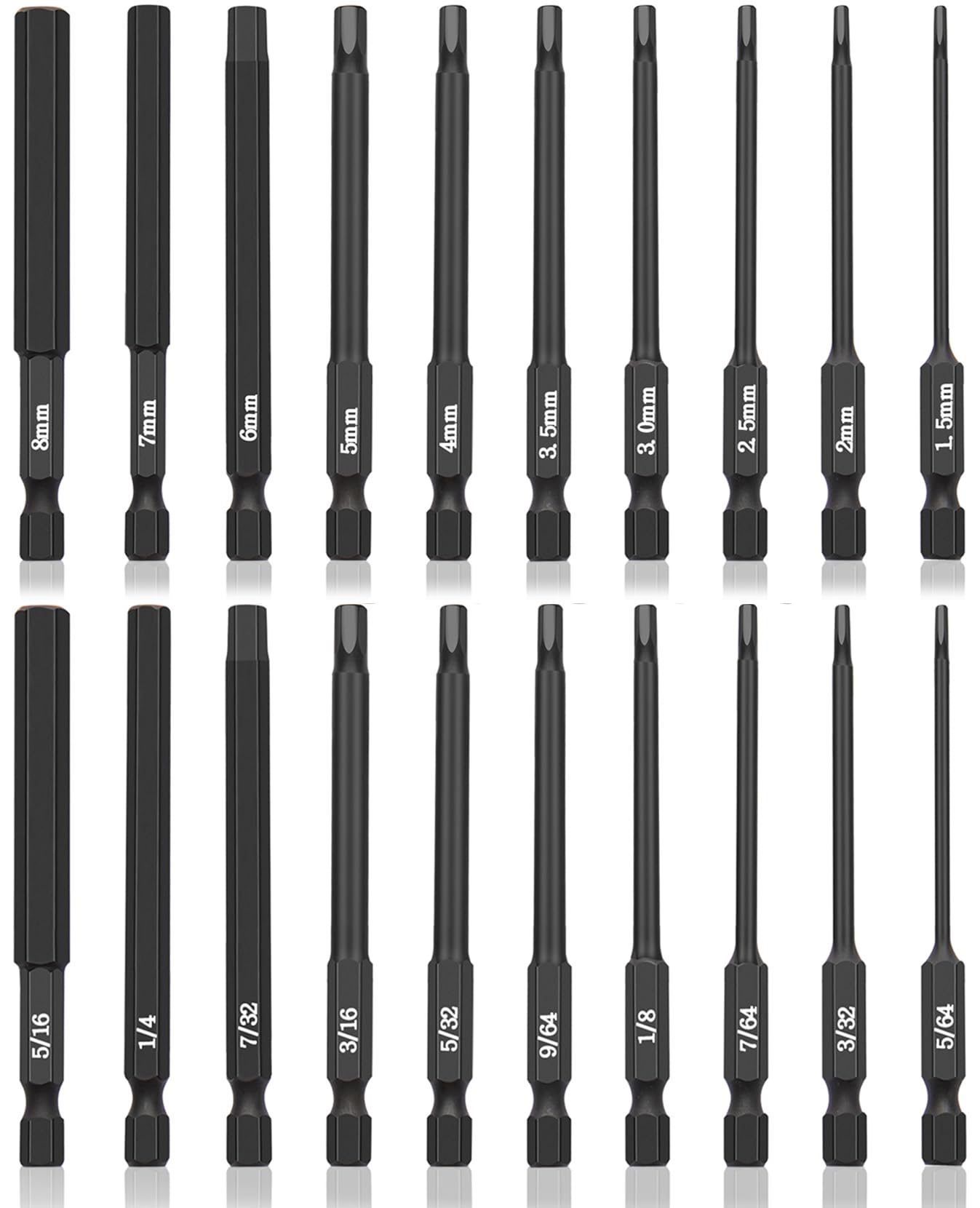 NAUIX 20 Piece Hex Head Allen Wrench Drill Bit Set, 1/4 Inch Hex Shank Metric and SAE S2 Steel Hex Bit Set, Magnetic Tips 3 Inch Long