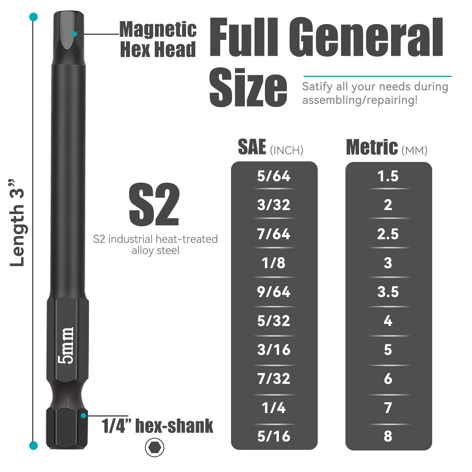 NAUIX 20 Piece Hex Head Allen Wrench Drill Bit Set, 1/4 Inch Hex Shank Metric and SAE S2 Steel Hex Bit Set, Magnetic Tips 3 Inch Long