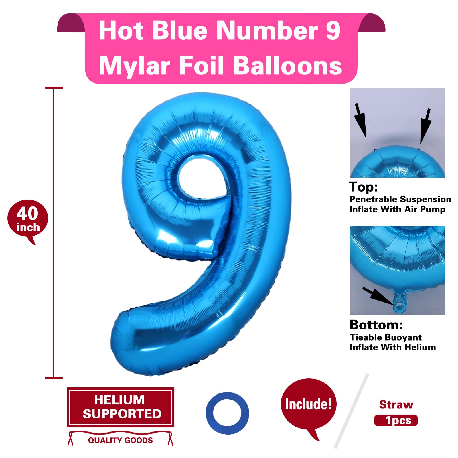 40 Inch Giant Blue Number 9 Balloon, Helium Mylar Foil Number Balloons for Birthday Party, 9th Birthday Decorations for Kids, Anniversary Party Decorations Supplies (Blue Number 9)