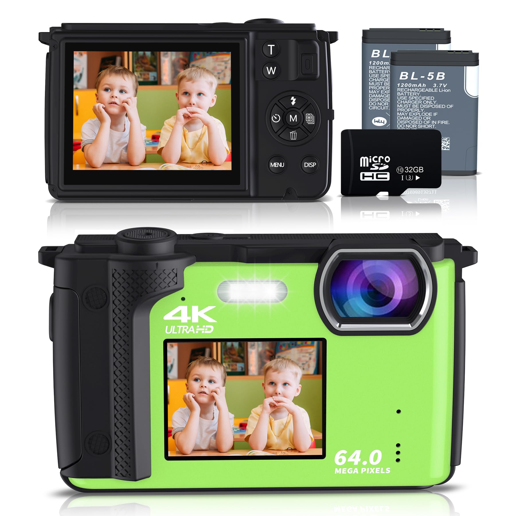 Saneen Digital Camera, 4K 64MP Cameras for Photography, 16X Zoom Vlogging Camera for YouTube with WiFi, Selfie Dual Screens Small Compact Camera with 32GB SD Card,2 Batteries for Beginners - Green