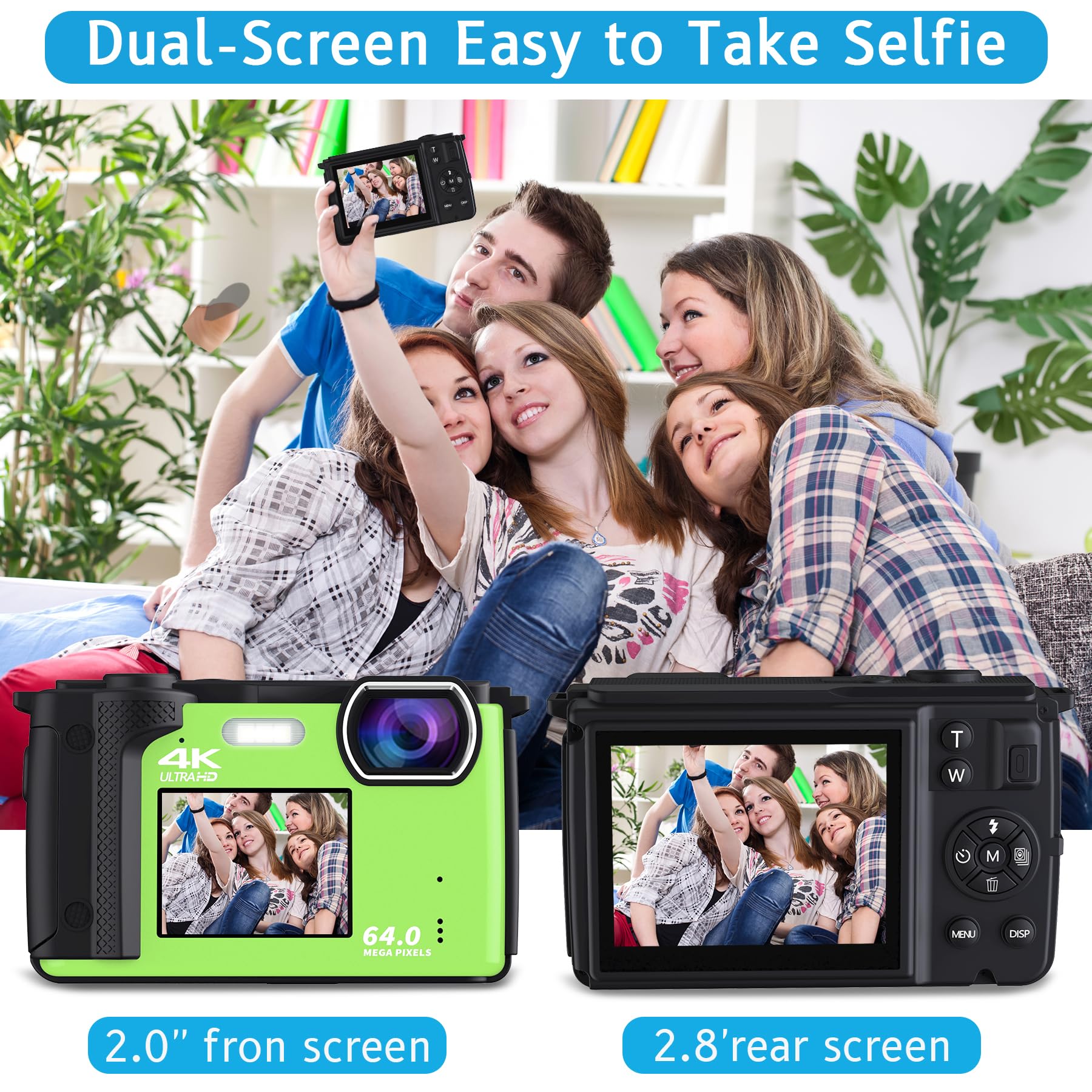 Saneen Digital Camera, 4K 64MP Cameras for Photography, 16X Zoom Vlogging Camera for YouTube with WiFi, Selfie Dual Screens Small Compact Camera with 32GB SD Card,2 Batteries for Beginners - Green