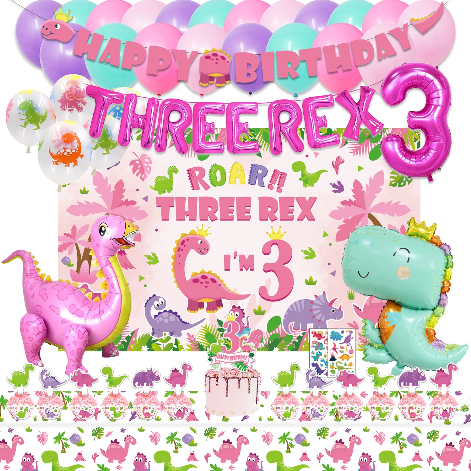 KOTLMIGHT Dinosaur Birthday Party Supplies for 3 Year Old Girl, Three Rex Pink Dinosaur Dino Party Decorations for Girls Baby - Backdrop, Banner, Toppers, Cupcakes Wrappers, Balloons and Tablecloth