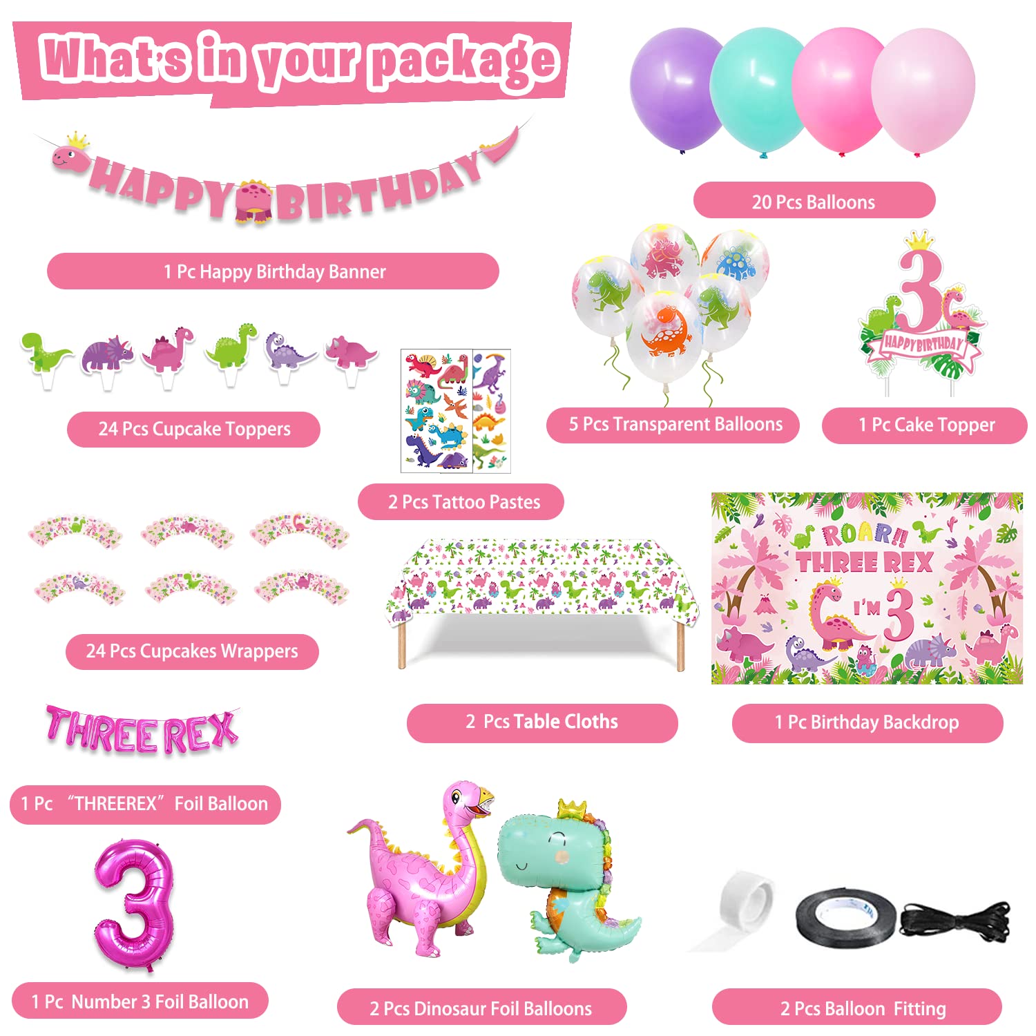 KOTLMIGHT Dinosaur Birthday Party Supplies for 3 Year Old Girl, Three Rex Pink Dinosaur Dino Party Decorations for Girls Baby - Backdrop, Banner, Toppers, Cupcakes Wrappers, Balloons and Tablecloth