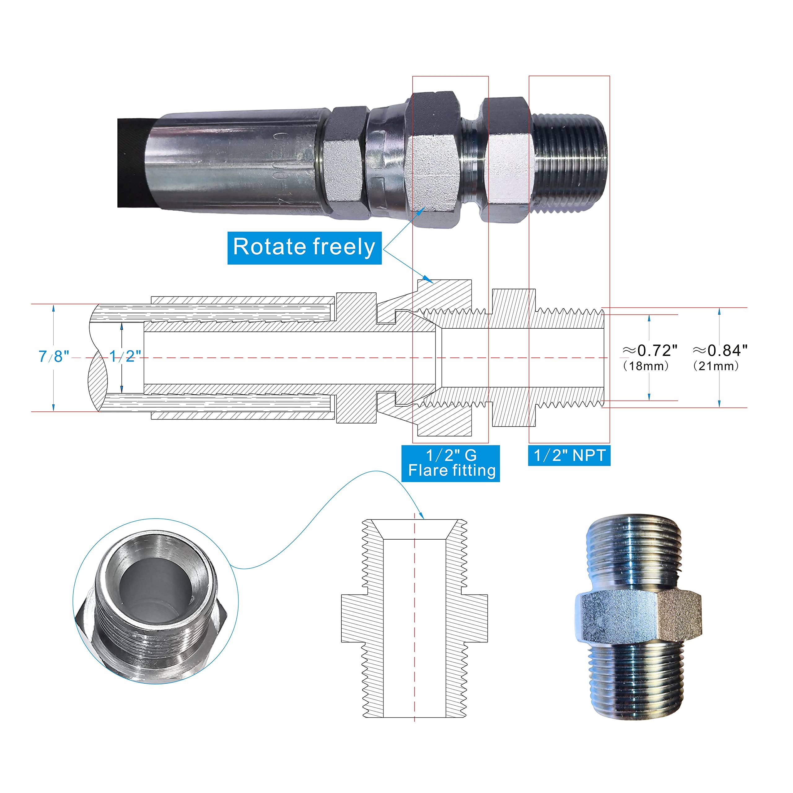 Upgraded Compressor Jumper Hose, High-Temperature 320°F, 1/2" x 40"Length, 1/2" NPT Male Connector, Both Sides Fittings Rotate Freely, 700 PSI