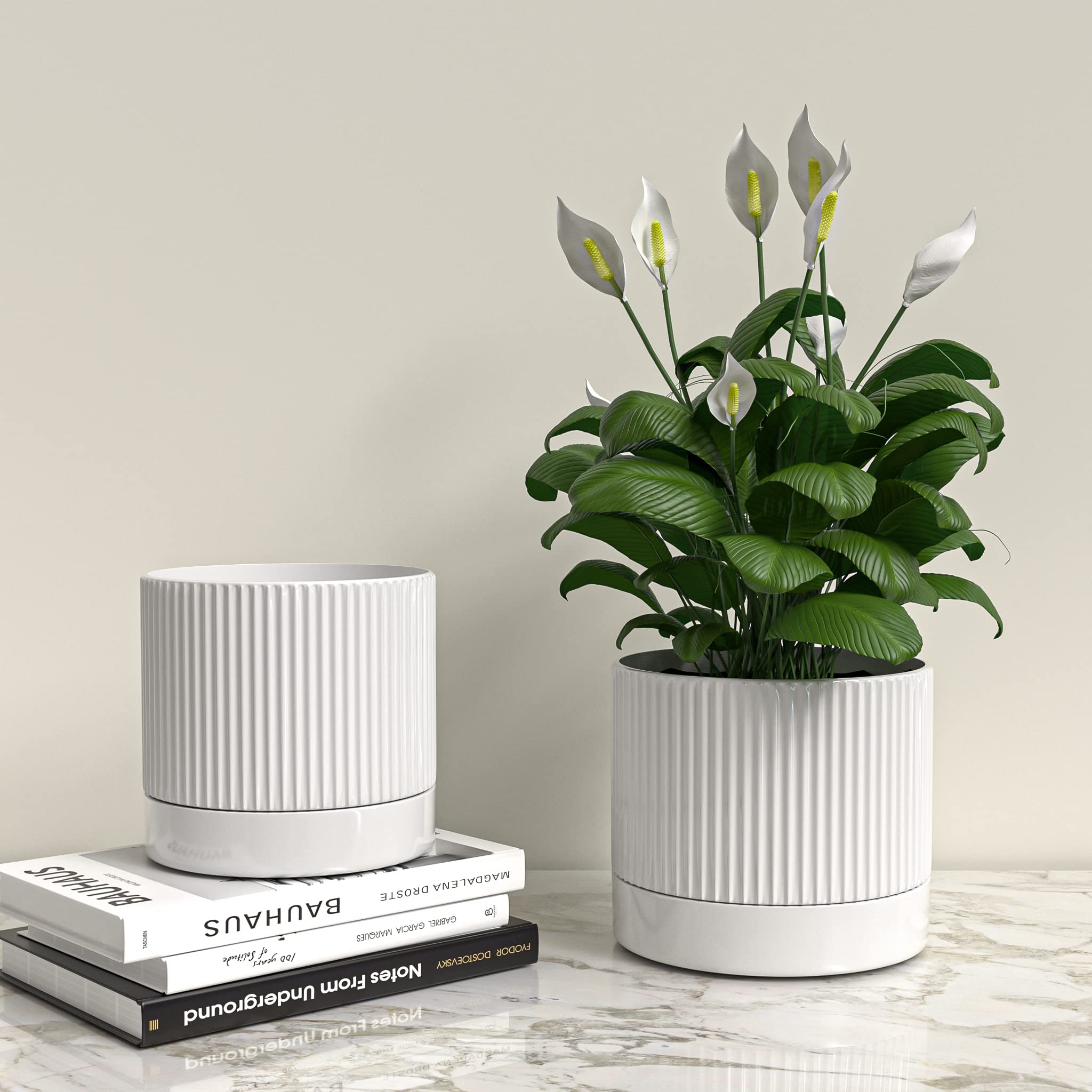 Carrward Ceramic Planter Pots Indoor with Drainage Hole & Saucer,Including Stand,7.3 Inch Mid-Century Modern Cylinder Plant Pot for Snake Flower Leaf