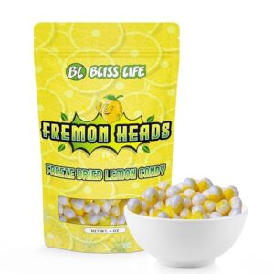 fremon heads freeze dried lemon sour candy - 4 oz package, unique novelty for tiktok trends and asmr, world's most sour candy challenge