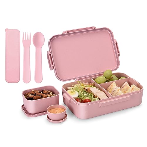 2045ml Large Bento Box, Wheat Fiber Kids/Adults Lunch Box, with Removable 100% Leak-Proof Compartments, BPA-Free Lightweight and Easy Open To-go Food Container for School, Work, Picnic -Pink