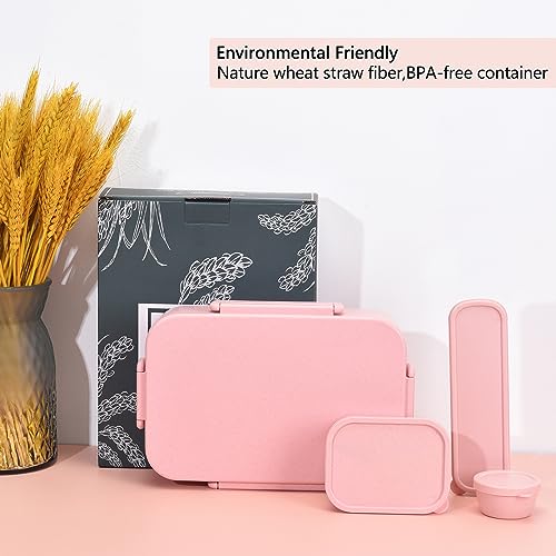 2045ml Large Bento Box, Wheat Fiber Kids/Adults Lunch Box, with Removable 100% Leak-Proof Compartments, BPA-Free Lightweight and Easy Open To-go Food Container for School, Work, Picnic -Pink