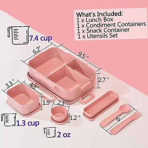 2045ml Large Bento Box, Wheat Fiber Kids/Adults Lunch Box, with Removable 100% Leak-Proof Compartments, BPA-Free Lightweight and Easy Open To-go Food Container for School, Work, Picnic -Pink