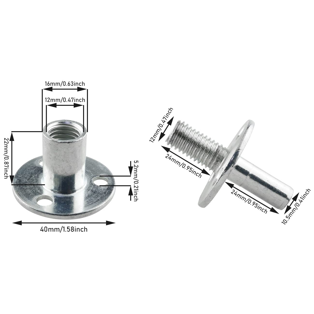 JianLing 2pcs Metal M12 Bed Post Connector Bed Column Bedpost Connector Screw-in T-Nut Bedpost Connector Screw Butt Nut, Silver Tone