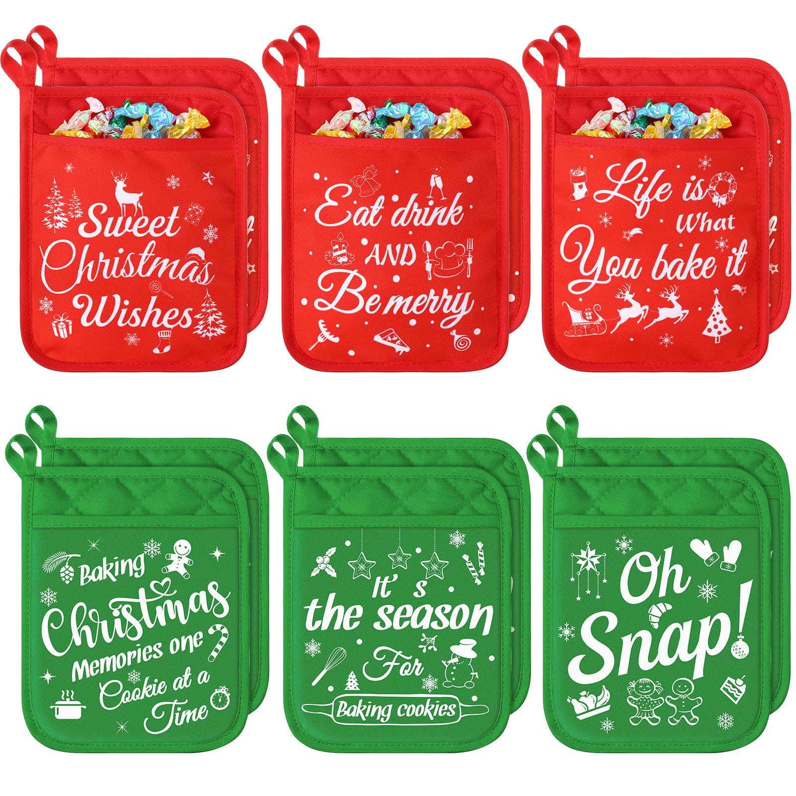 12 Pieces Christmas Pot Holders with Pocket Red Pocket Pot Holder Kitchen Hot Pad Oven Mitts Farmhouse Hot Potholders Cookie Bag Kitchen Cooking Baking